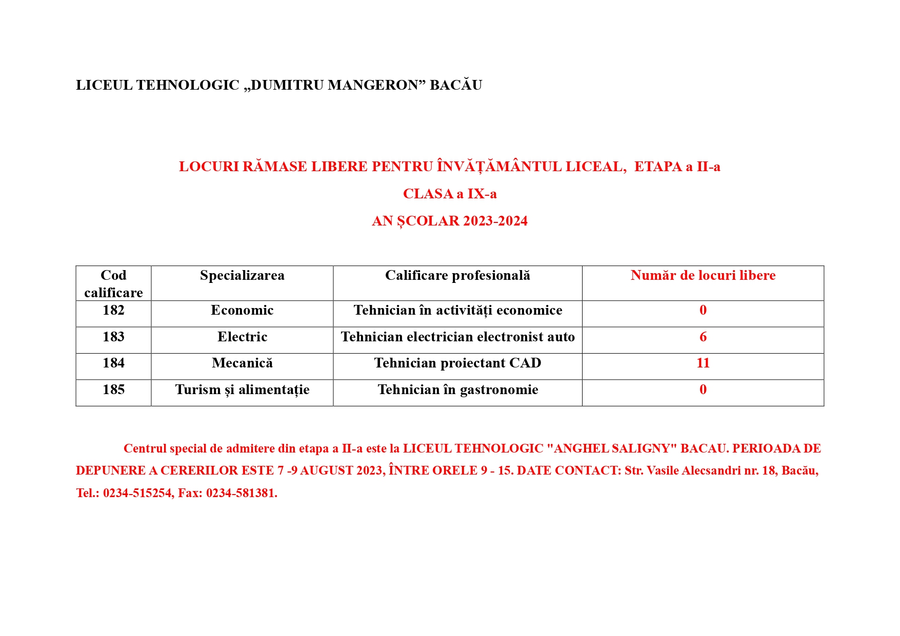 ADMITERE CLASA a IX-a LICEU/ZI 2023-2024 | Liceul Tehnologic Dumitru Mangeron
